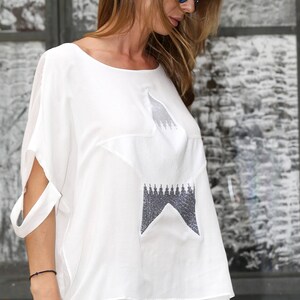 Women White Top, Sequins Top, Layered Top, Star Clothing, Casual Blouse ...