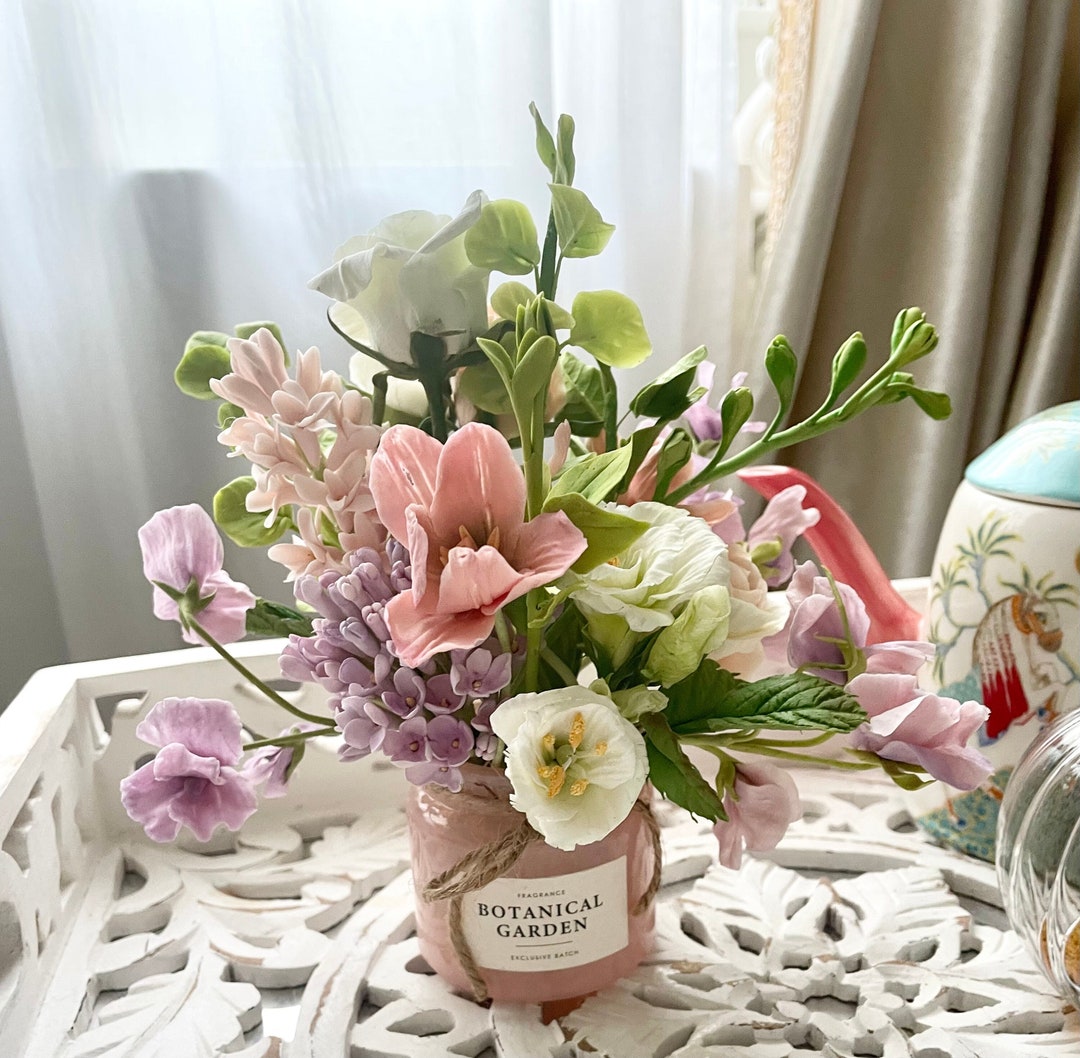 Cold Porcelain Flowers in Pink Vase, One of a Kind Gift, Mix of Flowers ...