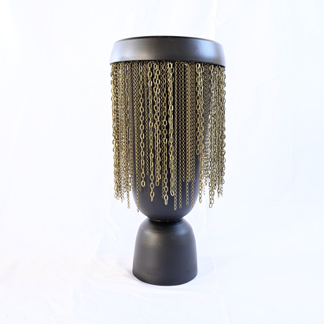 Tall Cylinder Brass Chain Fringe on Black Ceramic Vase, Modern Vase ...