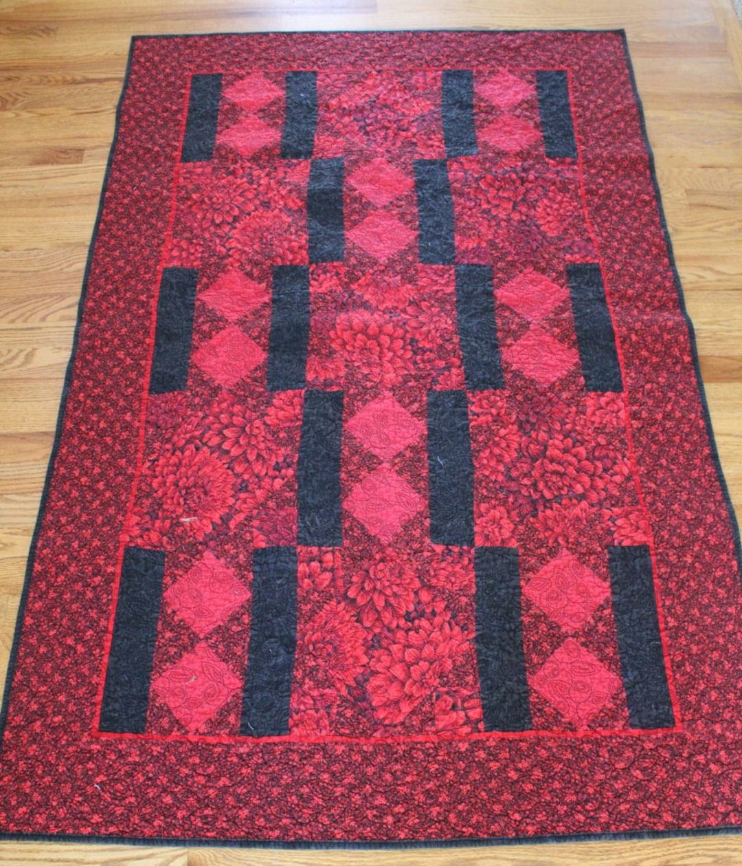 Deep, Sweet Rose, Handmade Quilt, Red, Black, 41.5 Inches X 64.5 Inches ...