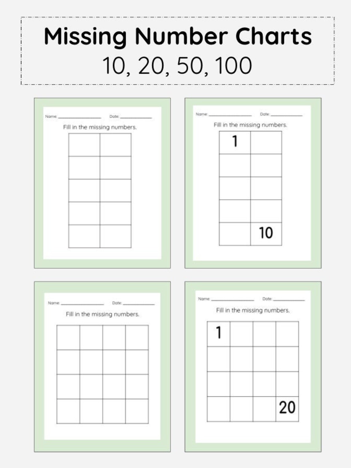 Fill in the Missing Numbers Chart Blank and Starting/ending Number - Etsy