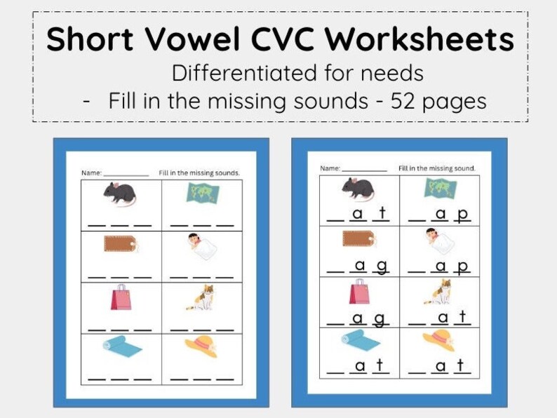 Short Vowel CVC Worksheets Fill in the Beginning, Middle, and End ...