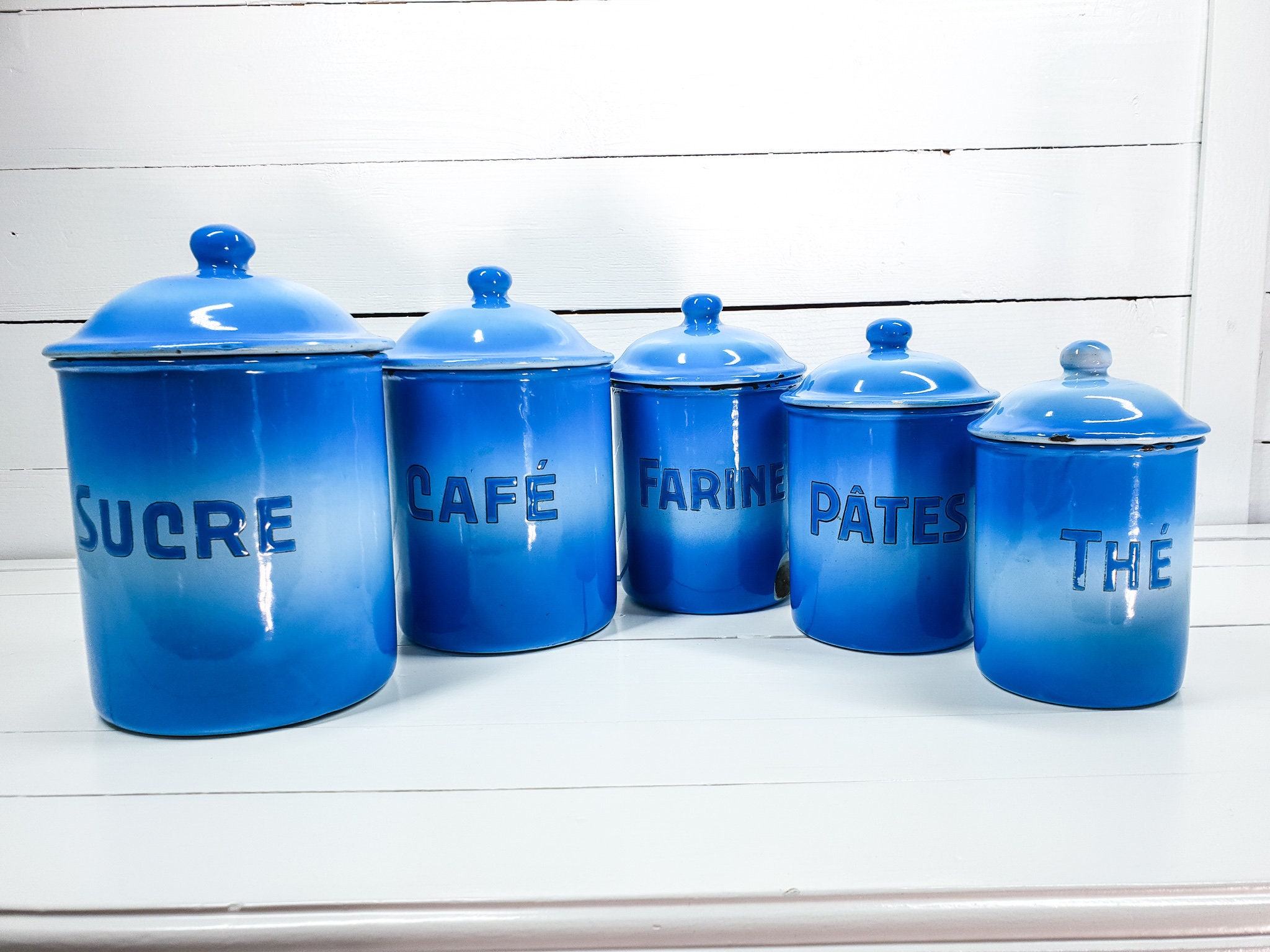 Unique vintage blue enamel storage jars with lid • farmhouse enamel ...
