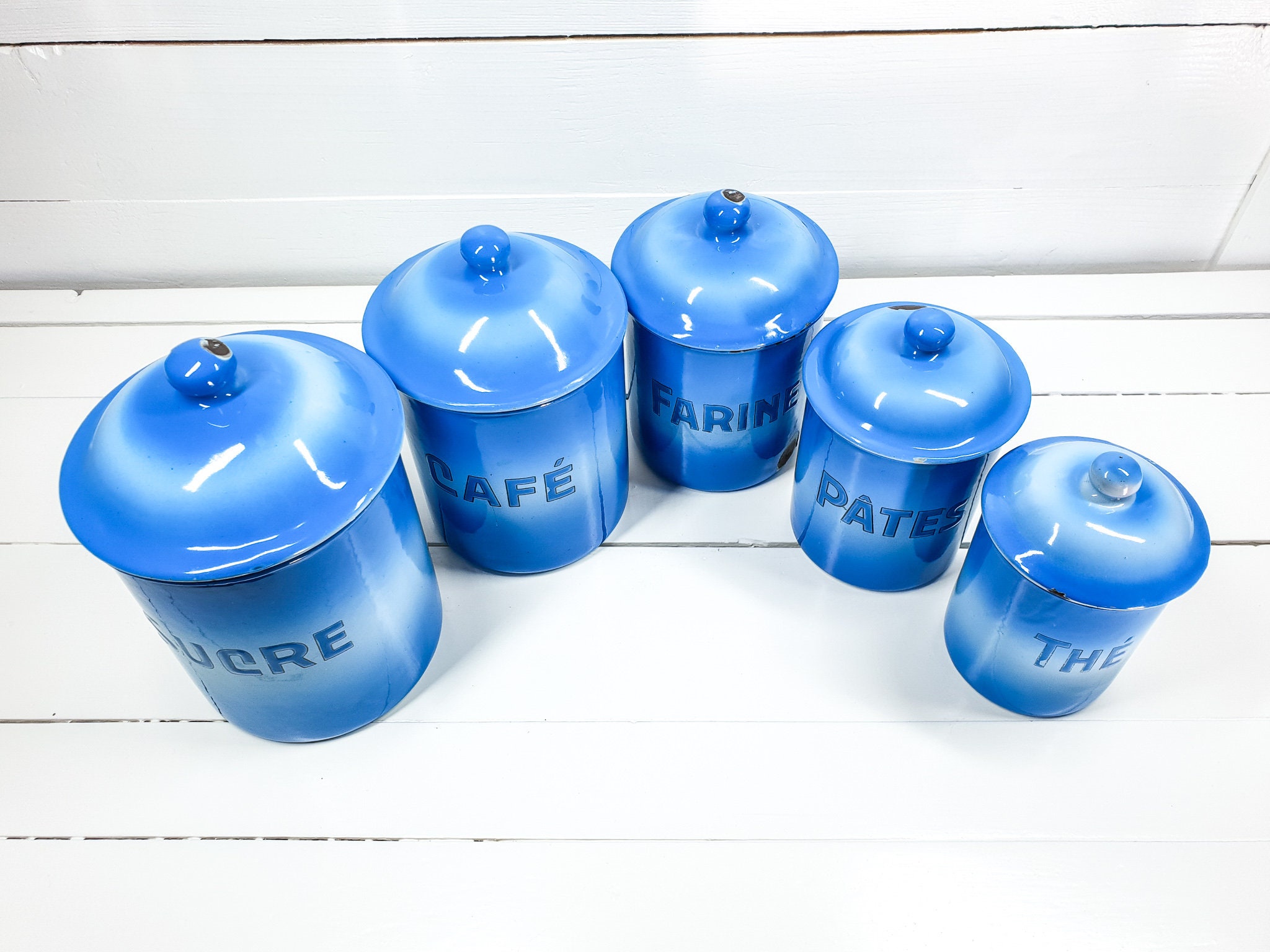 Unique vintage blue enamel storage jars with lid • farmhouse enamel ...