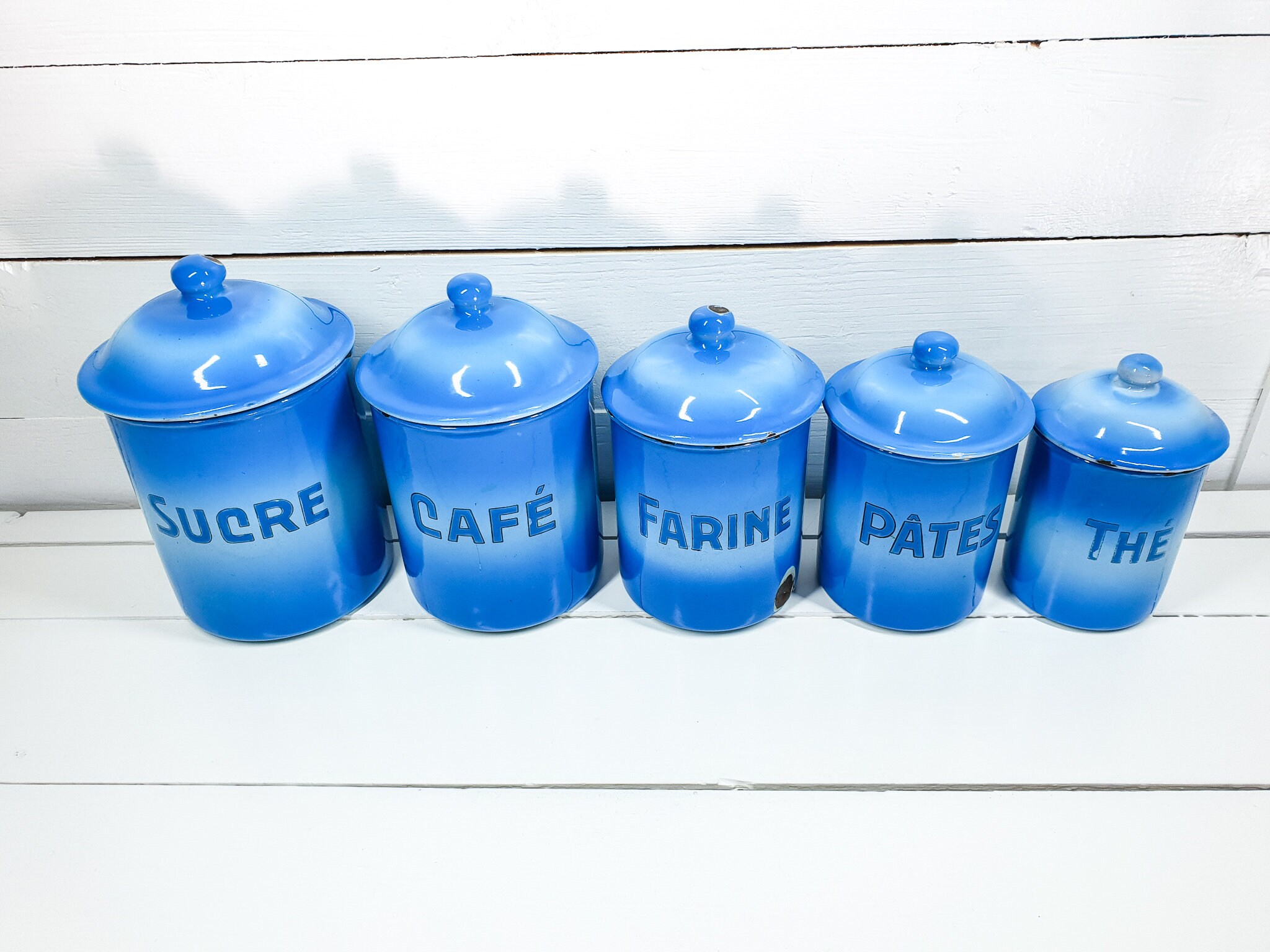Unique vintage blue enamel storage jars with lid • farmhouse enamel ...