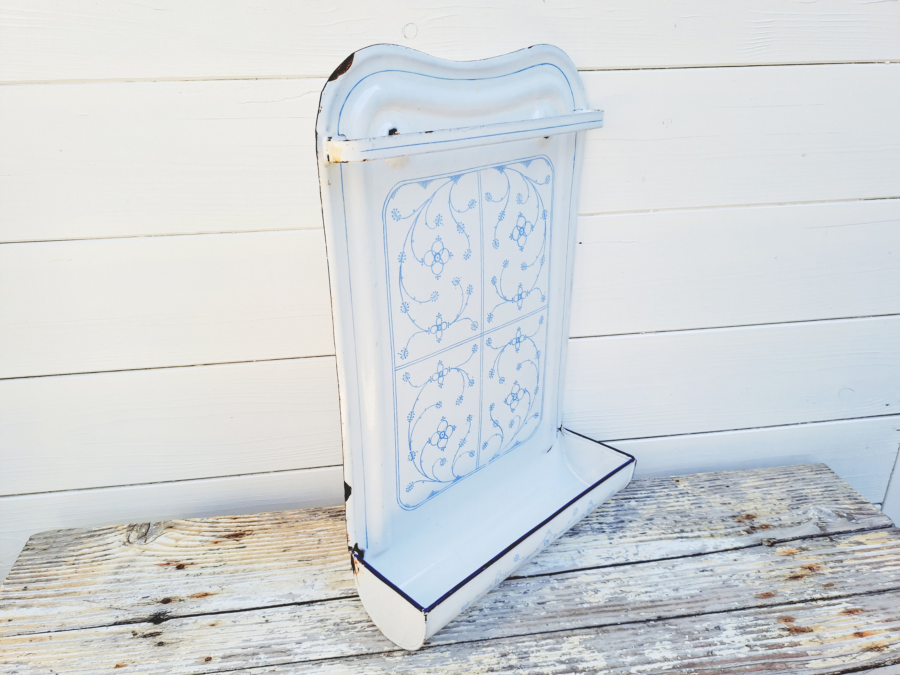 Vintage French enamel kitchen utensil rack Saks Blue pattern • rack ...