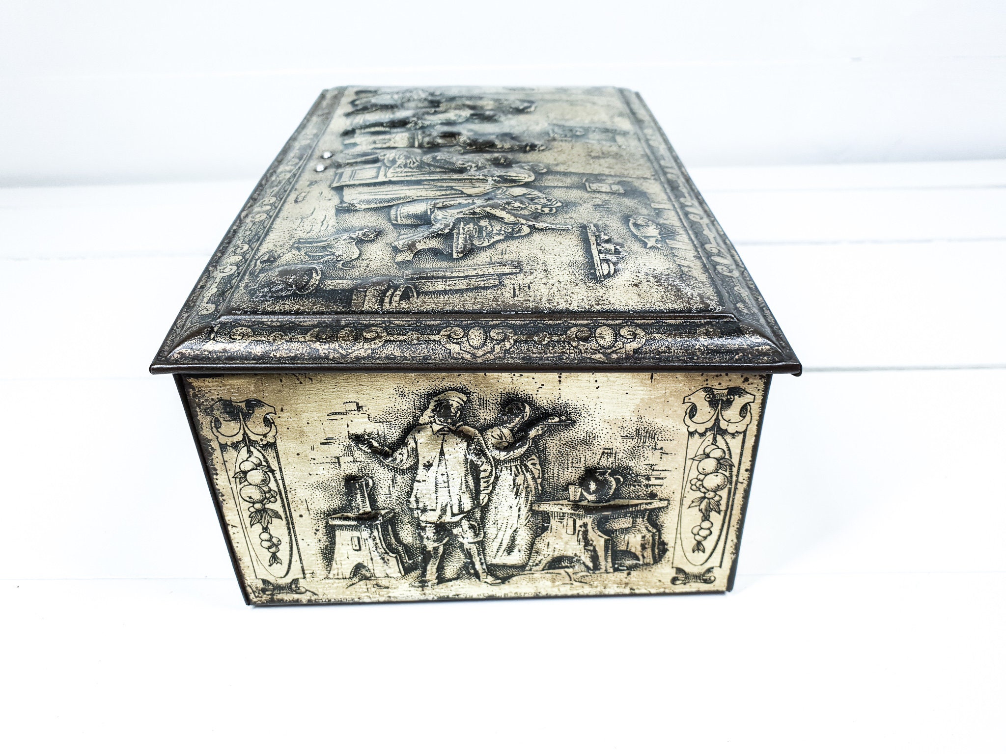 Antique tin box gold and black embossing • antique storage tin • french ...