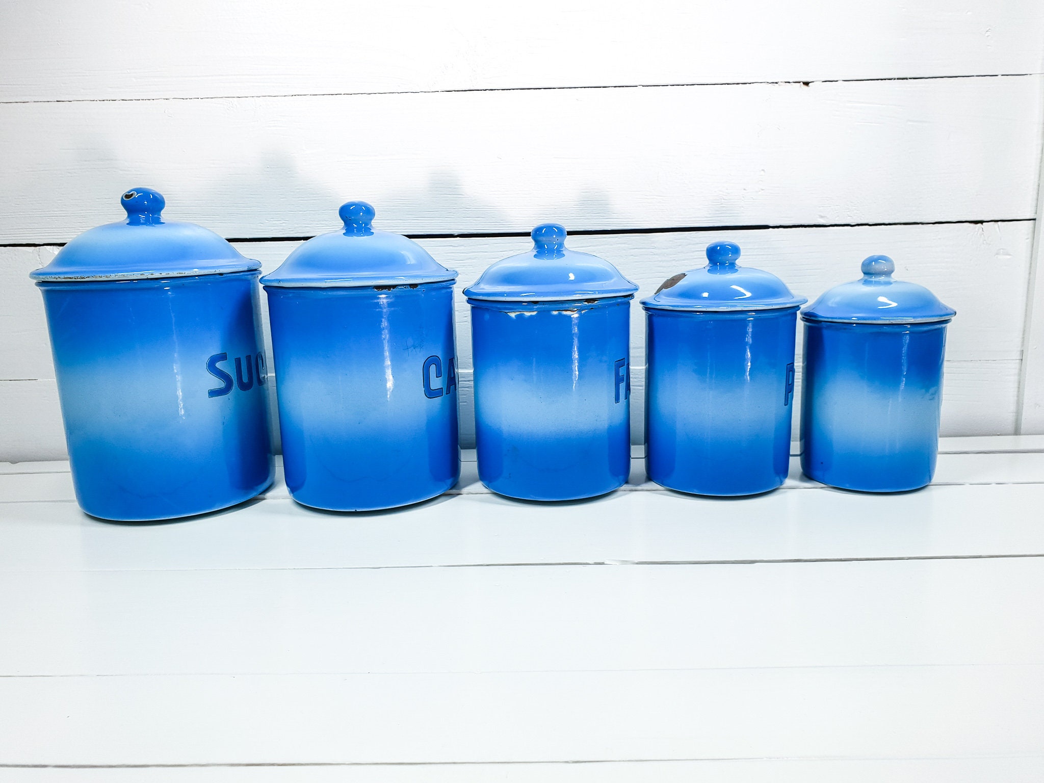 Unique vintage blue enamel storage jars with lid • farmhouse enamel ...