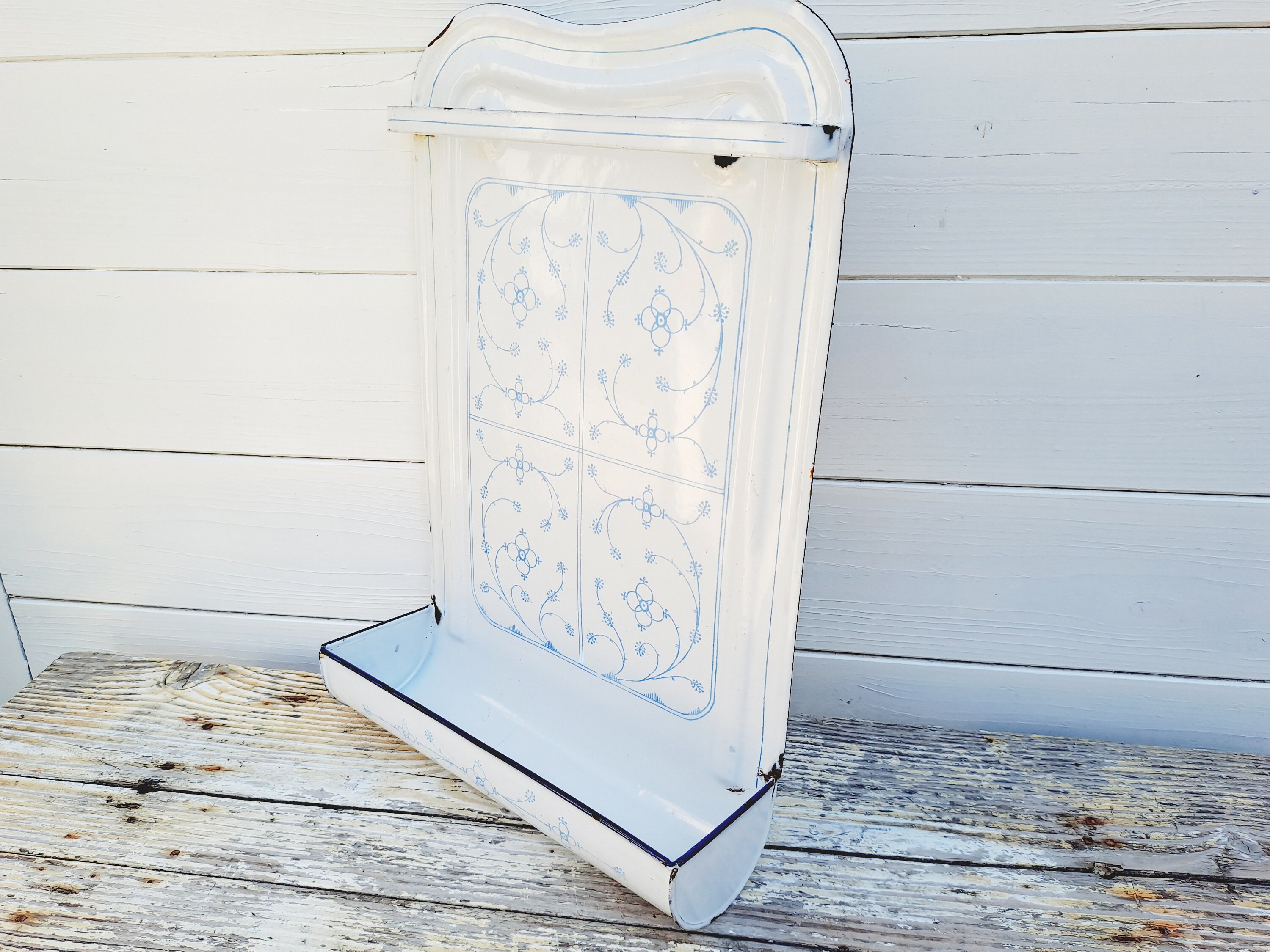 Vintage French enamel kitchen utensil rack Saks Blue pattern • rack ...