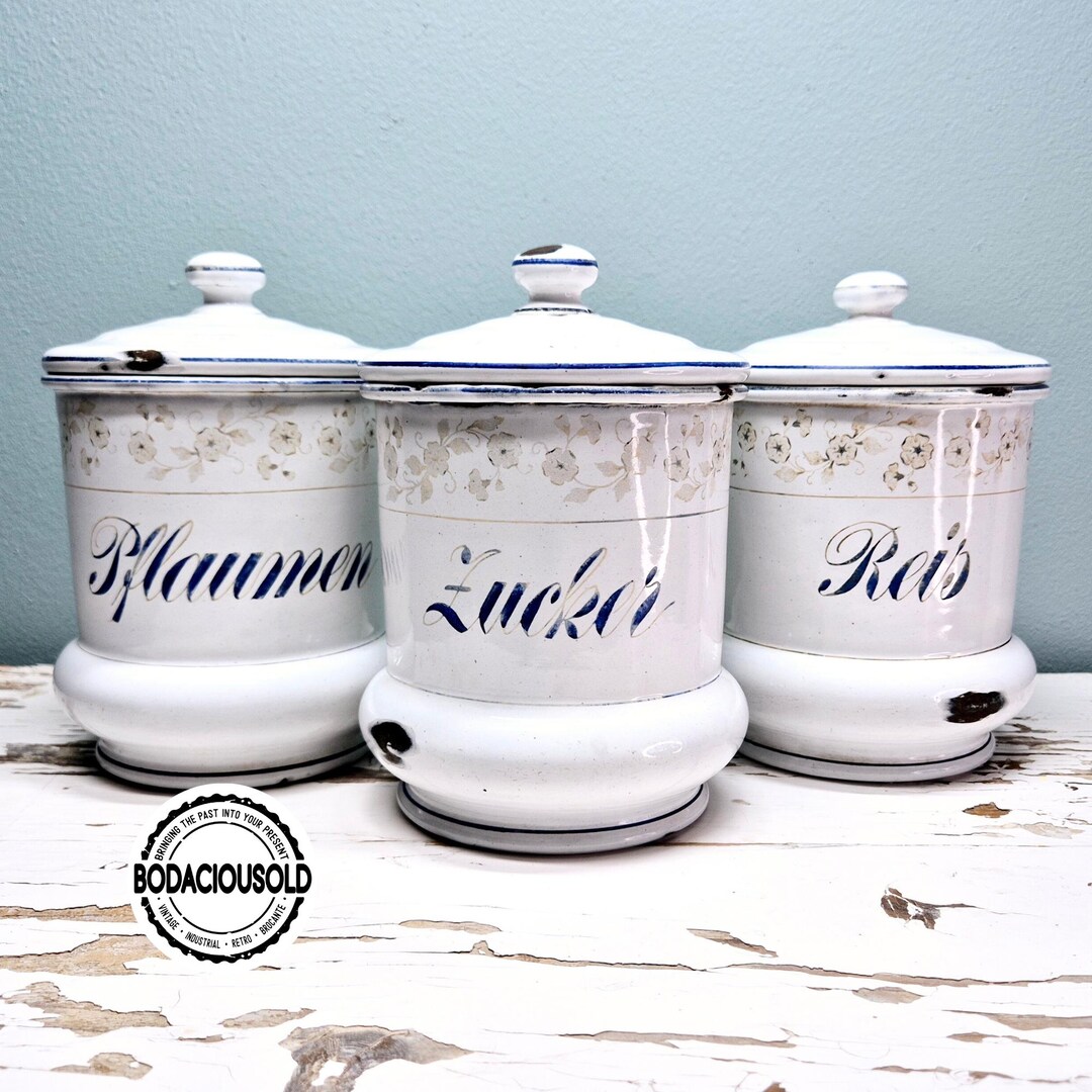 Vintage Enamel Storage Jars Set of 3 | German Kitchen Canisters White ...