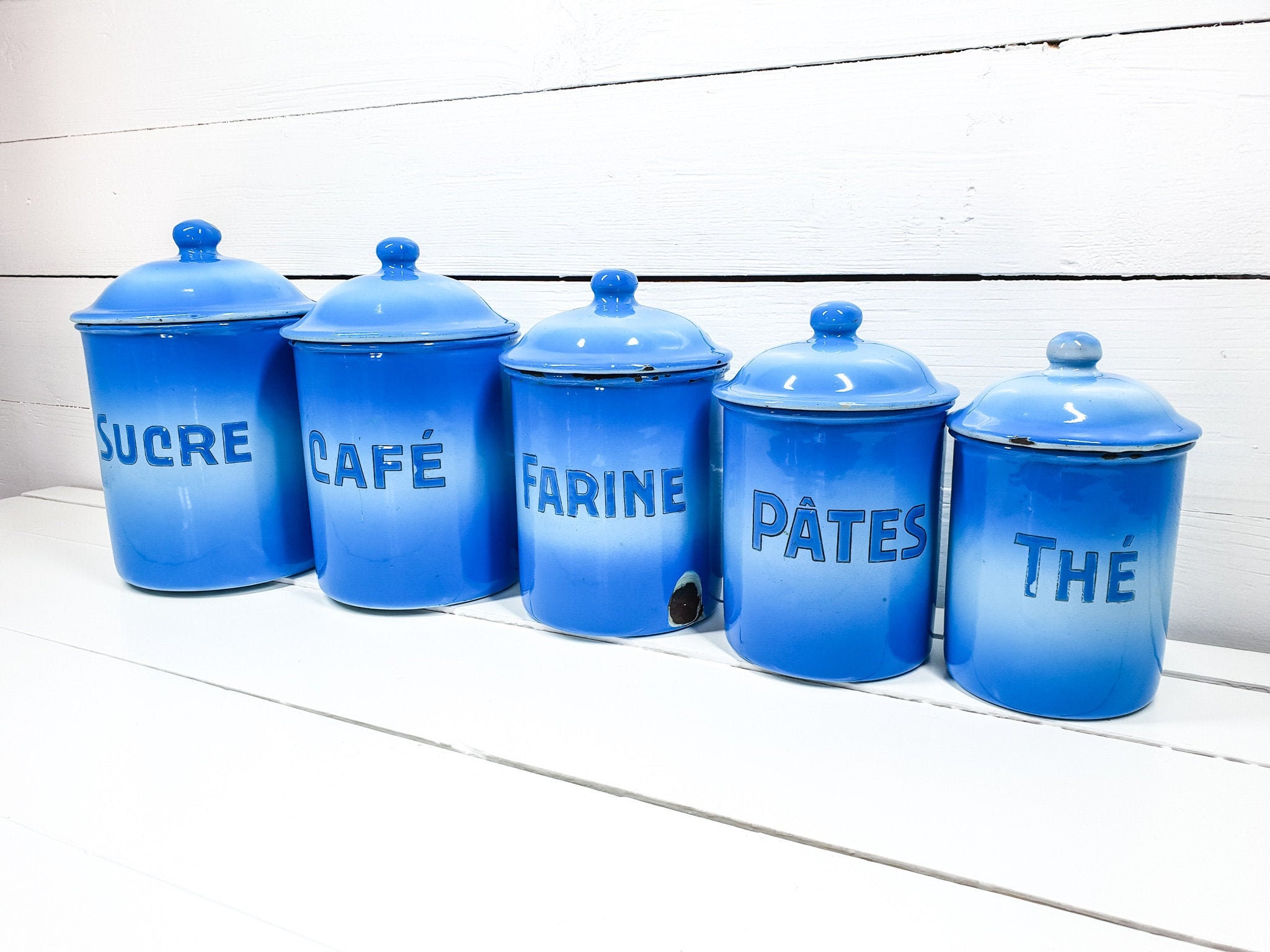 Unique vintage blue enamel storage jars with lid • farmhouse enamel ...