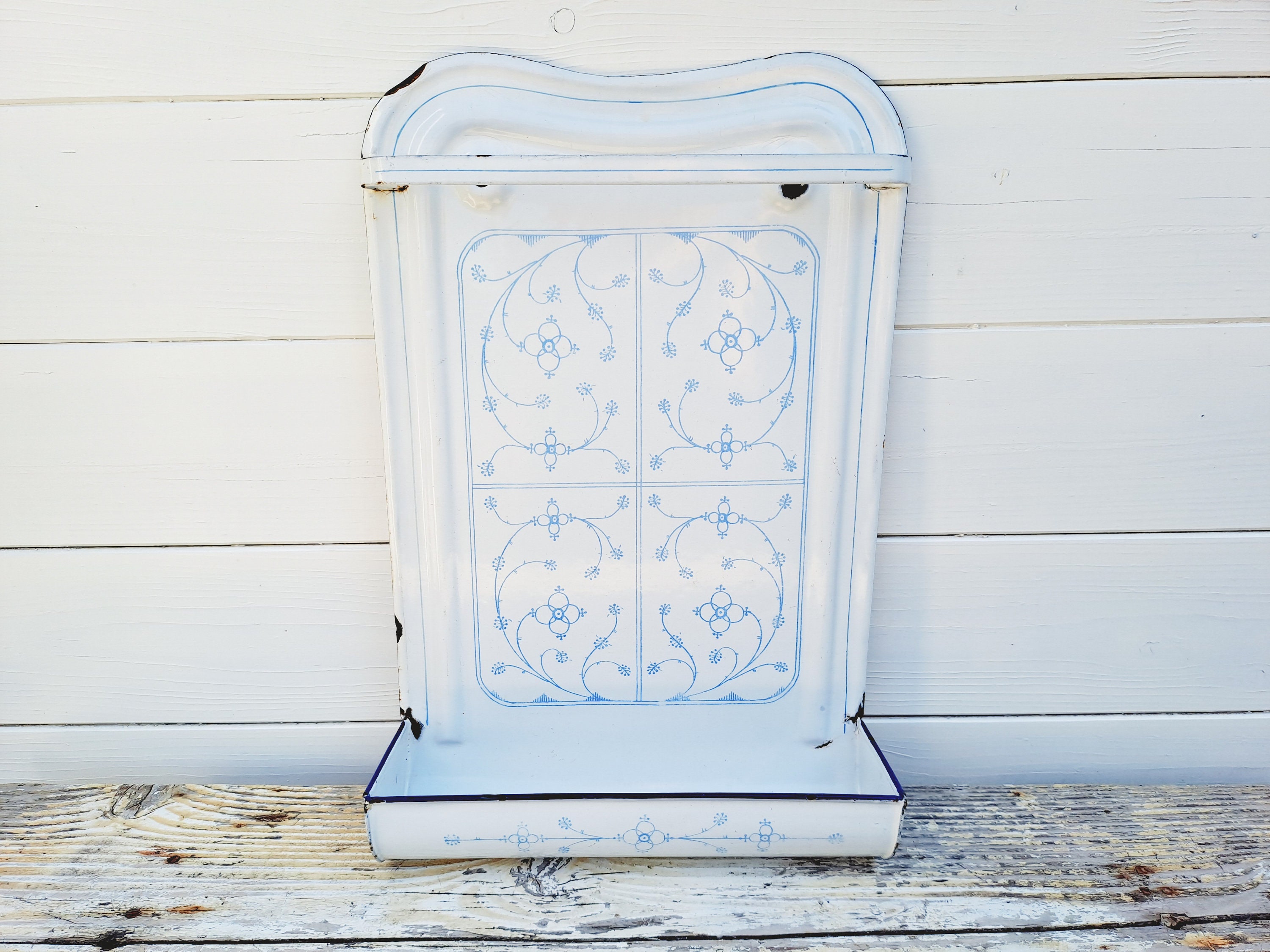 Vintage French enamel kitchen utensil rack Saks Blue pattern • rack ...