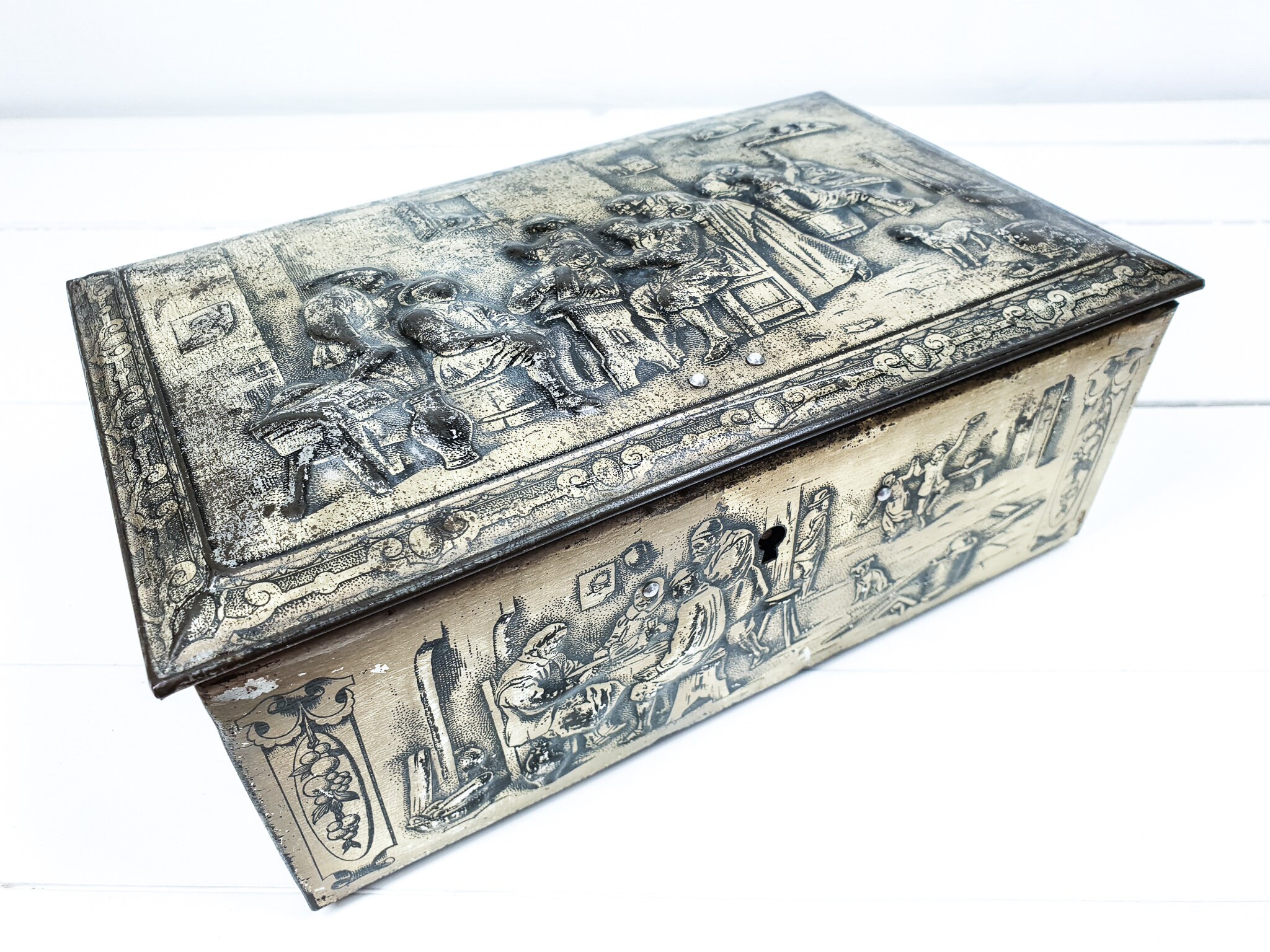 Antique tin box gold and black embossing • antique storage tin • french ...