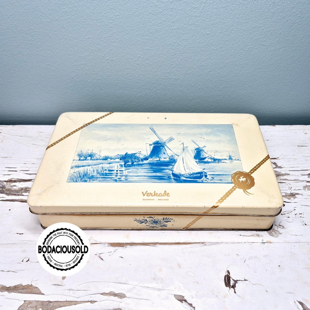 Vintage Verkade Cookie Tin Delft Blue Windmill Design Dutch Retro ...