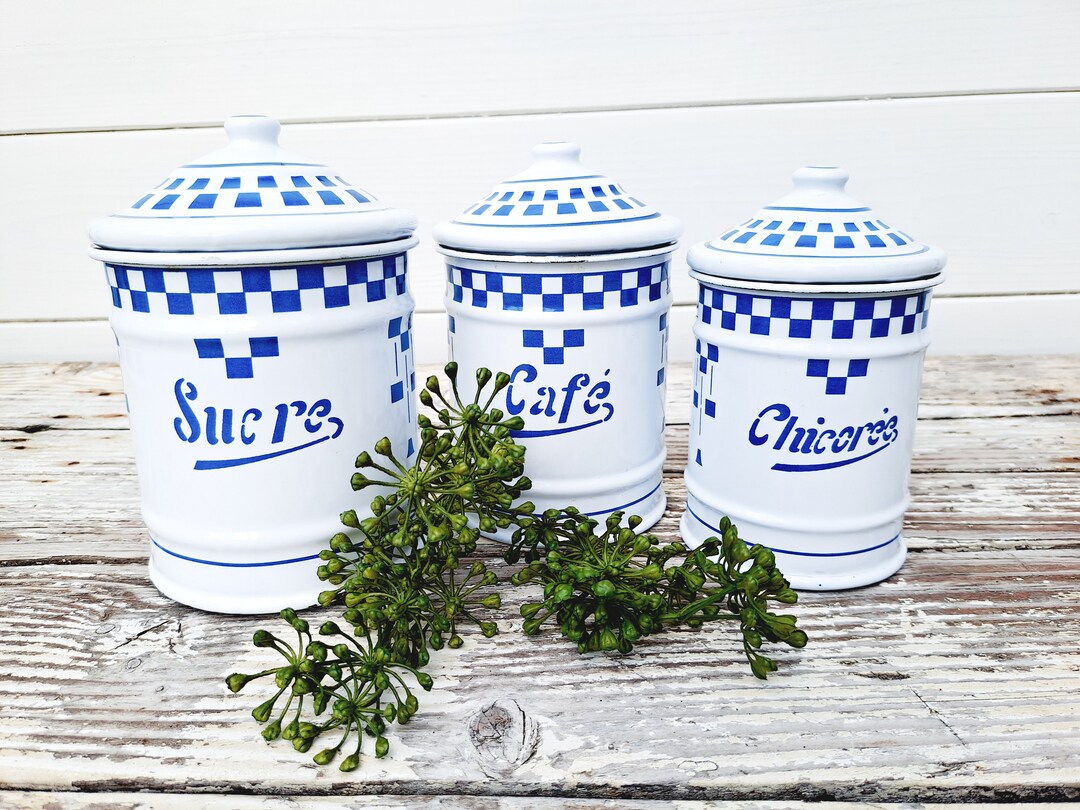 Unique Set French Enamel Storage Jars Checkered Pattern • Farmhouse ...