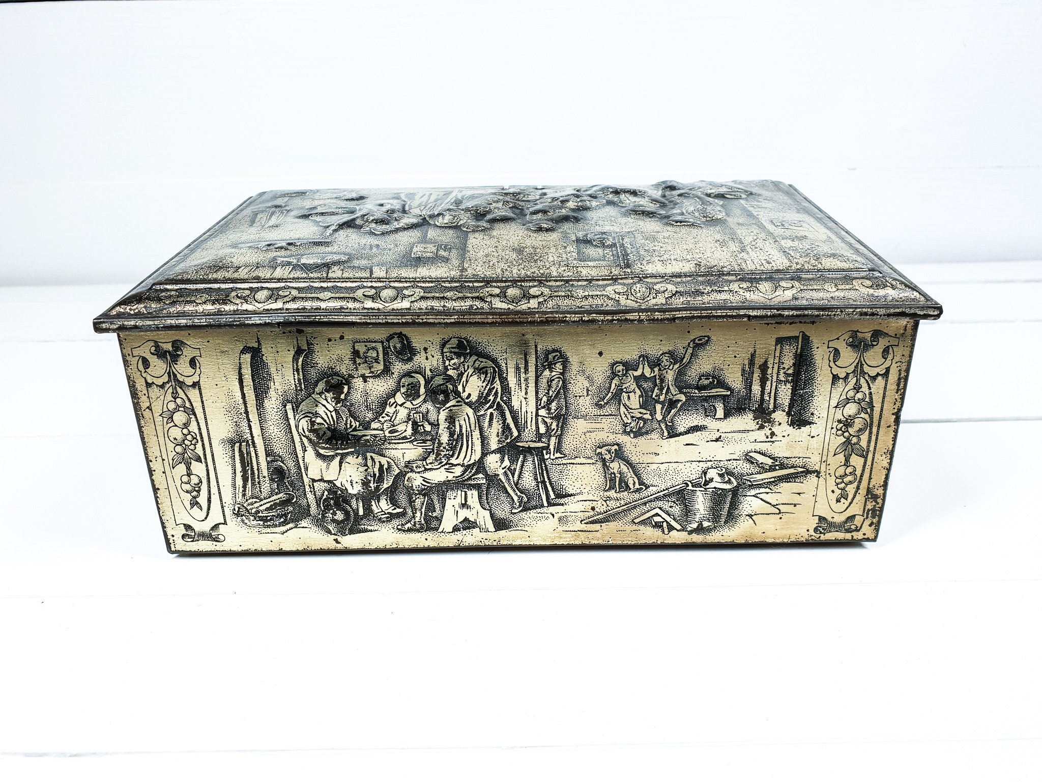 Antique tin box gold and black embossing • antique storage tin • french ...