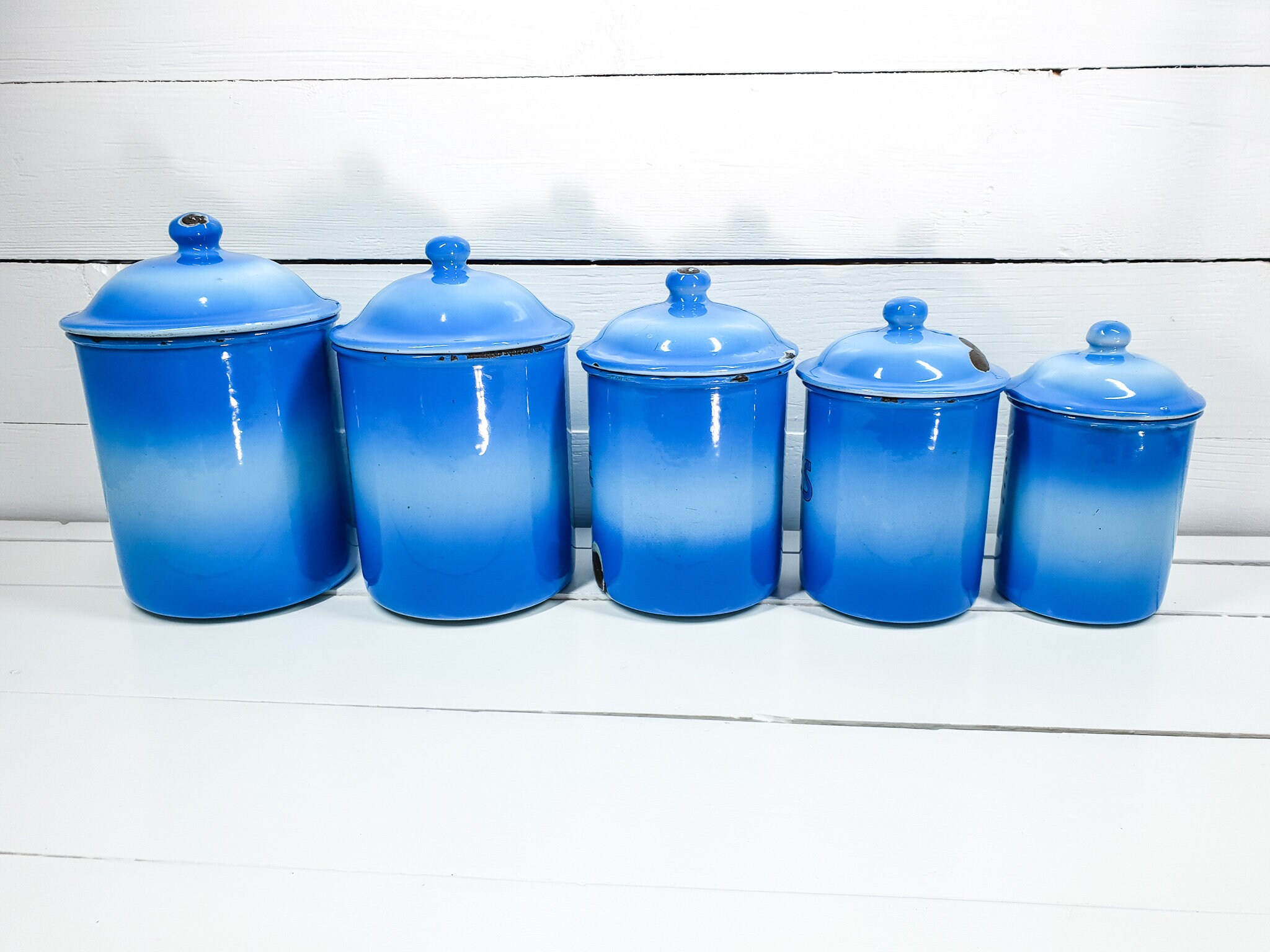 Unique vintage blue enamel storage jars with lid • farmhouse enamel ...