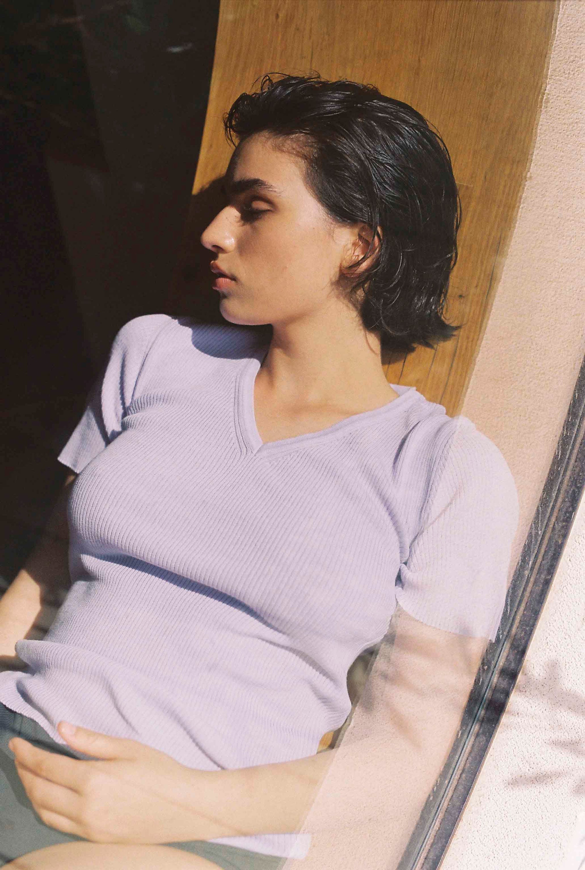 Women's Ribbed Knit V-neck T Lilac Egyptian Cotton Tee Makò Cotton ...