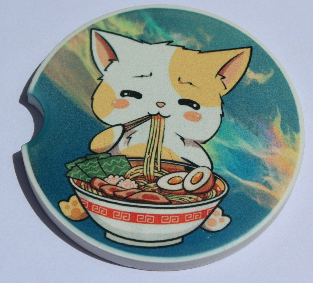 Kawaii Ramen Kitty Car Coasters 2 Pack, Kawaii Neko Ramen Car Coasters ...