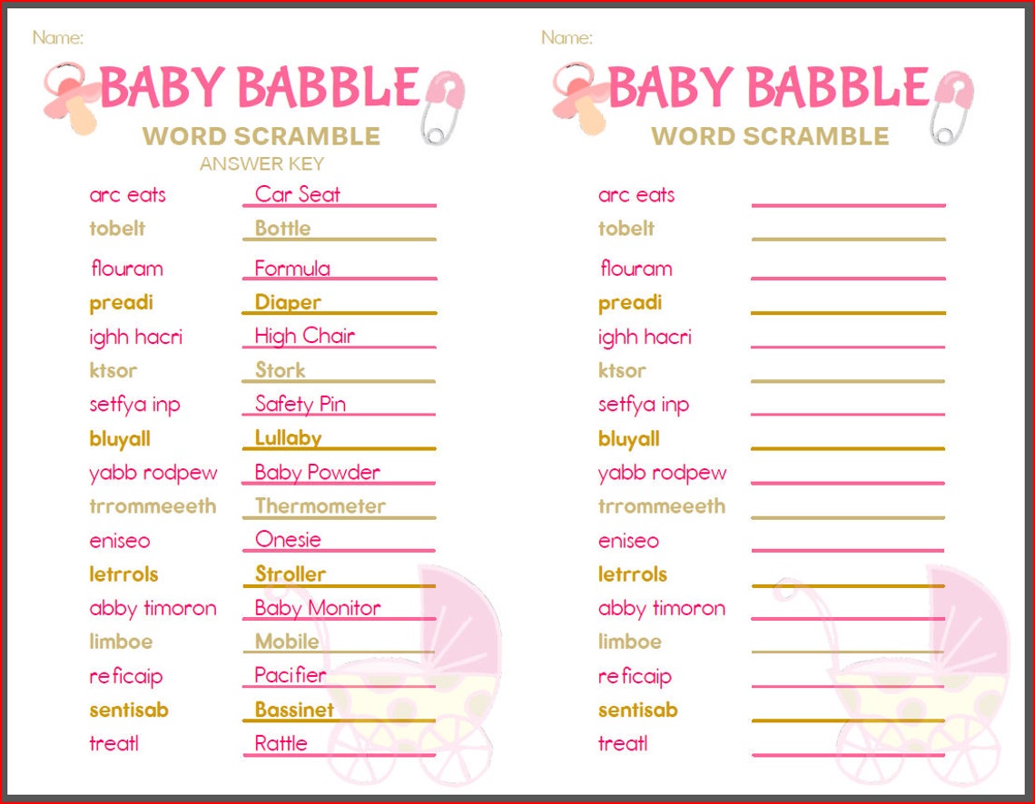 Baby Shower Game Baby Babble Pink White Gold Etsy Baby Shower Game Baby Babble Pink White Gold Etsy