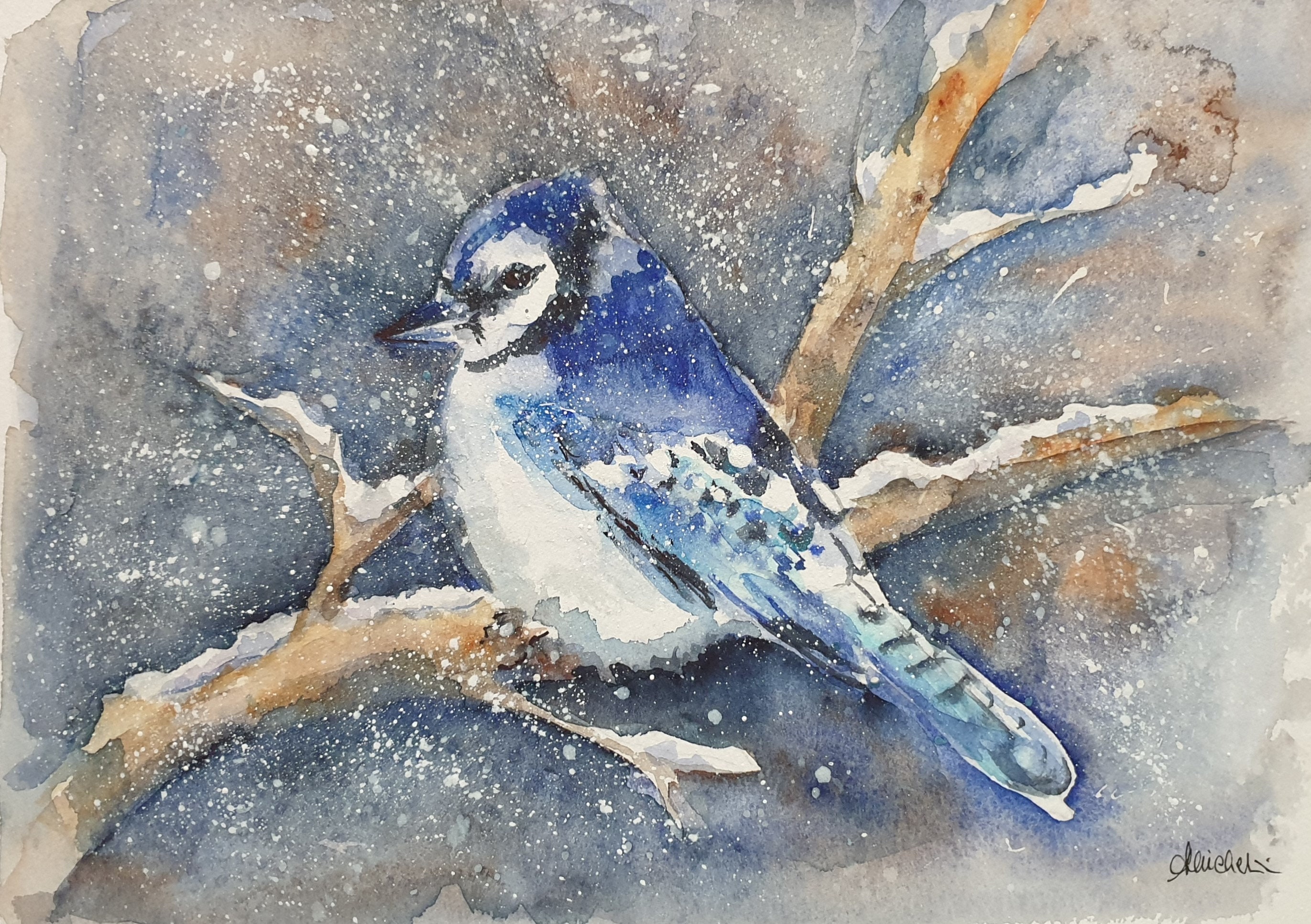 Blue Jay Bird Watercolor Painting, Bird Under Snow Painting, Blue Jay ...