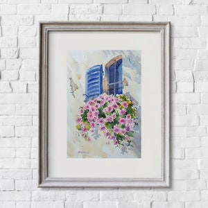 Window Box Original Watercolor Painting, Window Blossom Painting, Pink ...