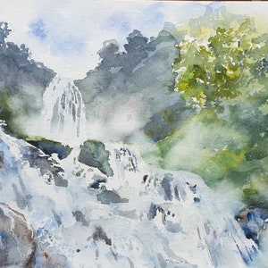 Waterfall Watercolor Painting, Waterfall Home Decor, Cascade Original ...