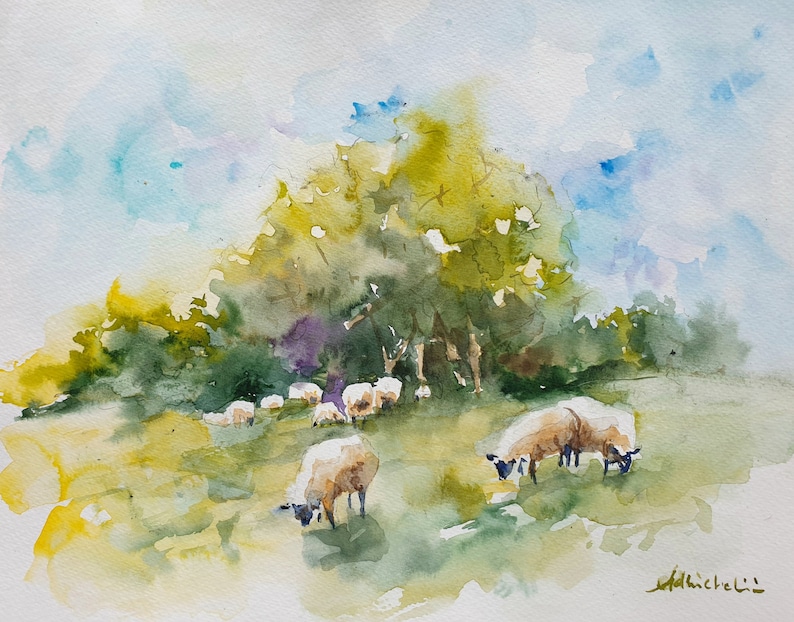 Grazing sheep watercolor painting Irish sheep painting flock | Etsy