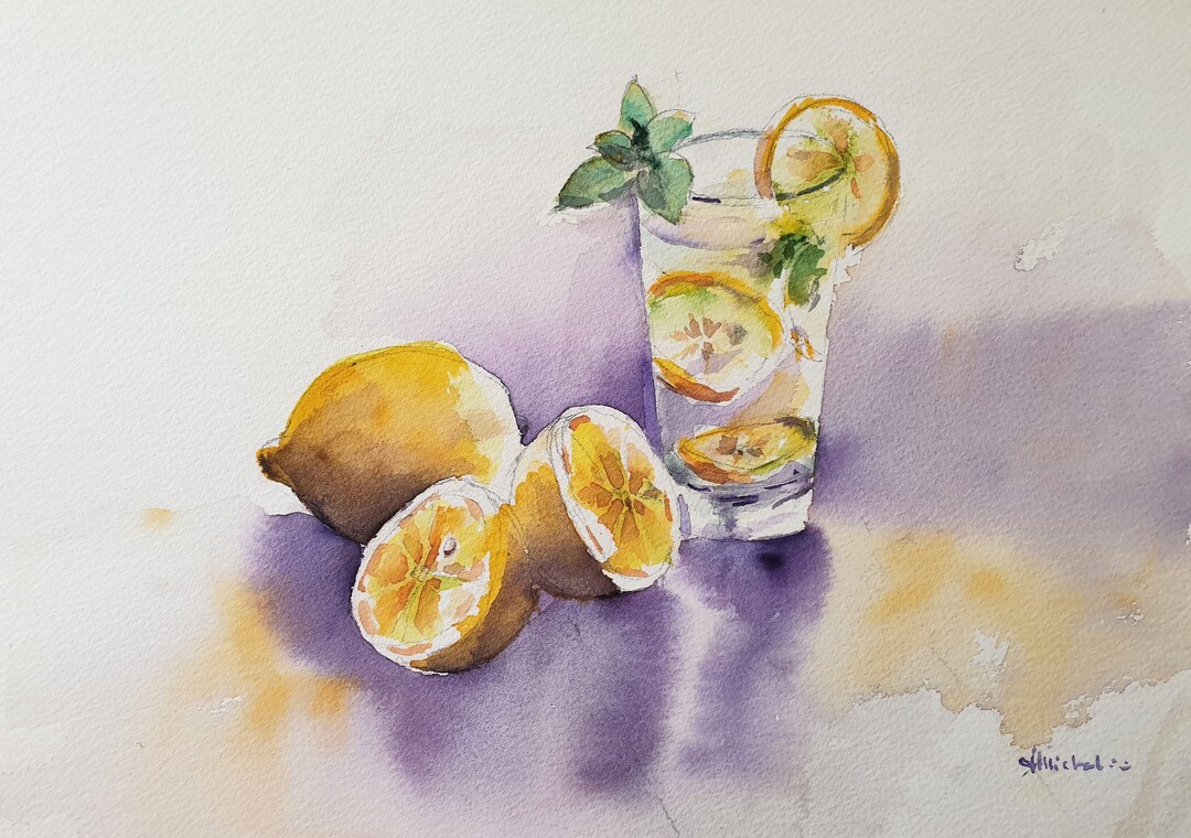 Lemonade Watercolor Painting, Lemon Drink Kitchen Wall Art, Glass Lemon ...