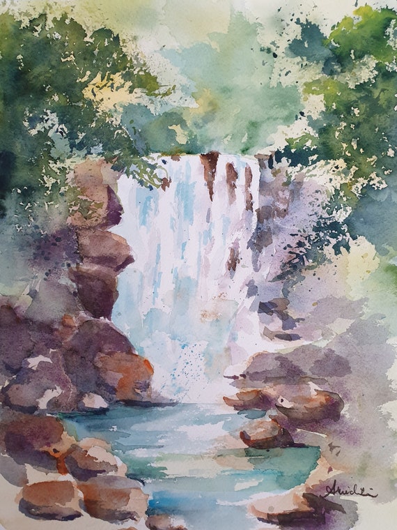Waterfall Original Watercolor Forest Waterfall Wall Art - Etsy