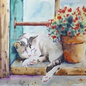 Cat Sleeping on Window Watercolor, Window Cat and Flowers Original ...
