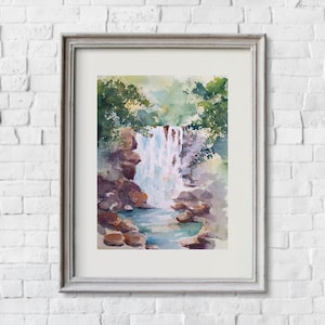 Waterfall Original Watercolor Forest Waterfall Wall Art Cascade Artwork ...