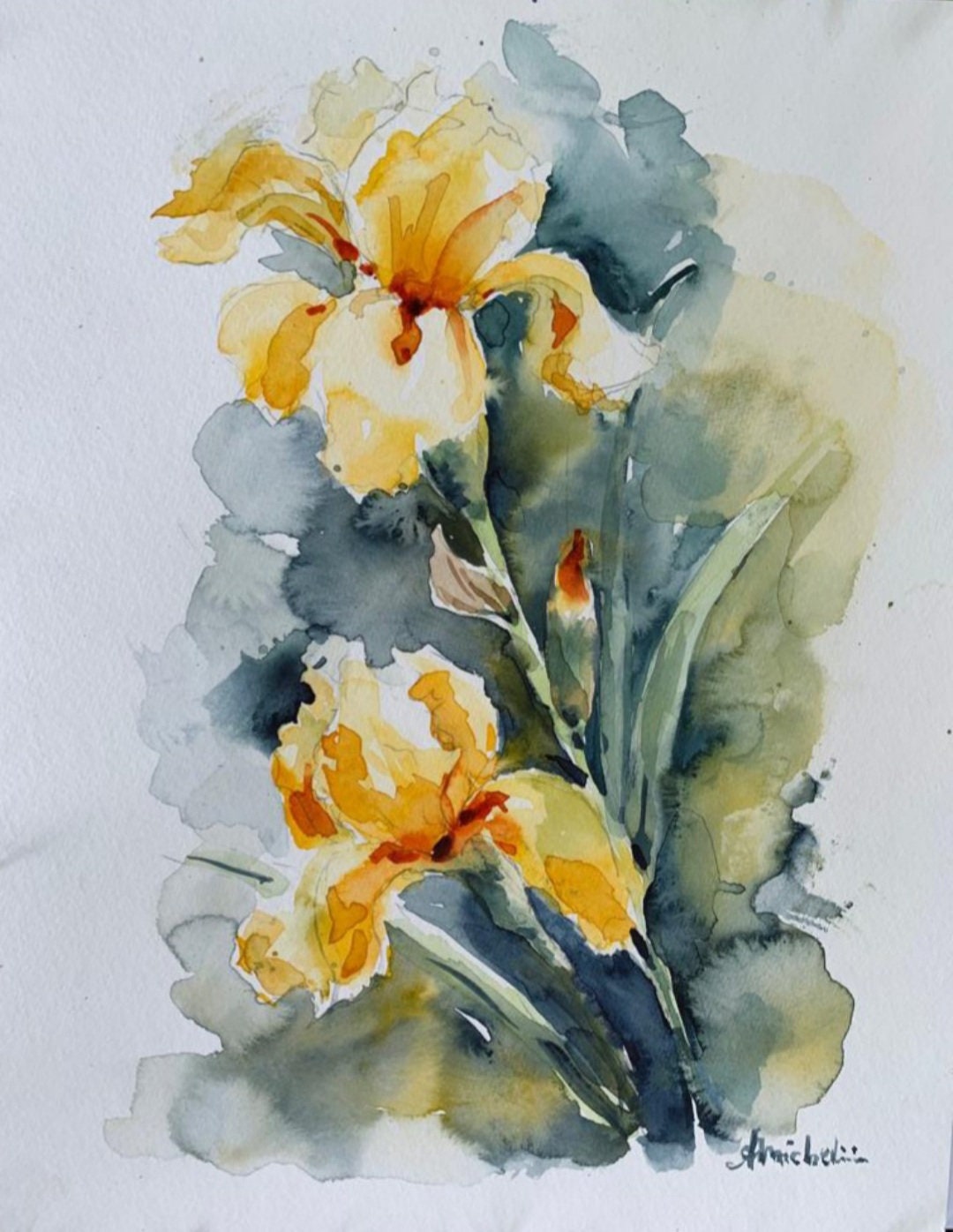 Yellow Iris Watercolor, Iris Painting, Yellow Spring Flowers Art ...