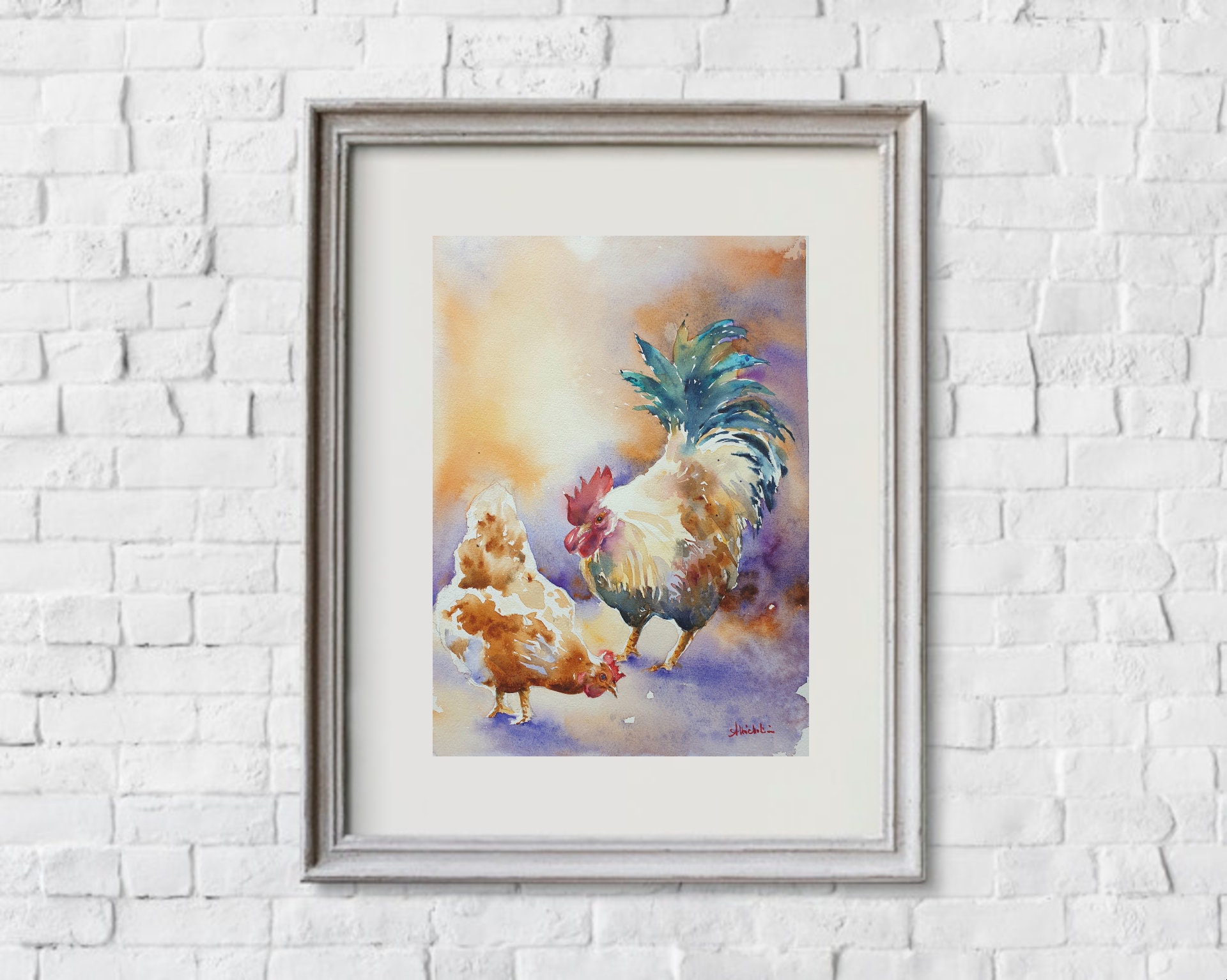 Hen and Rooster Original Watercolor Chickens Watercolor - Etsy
