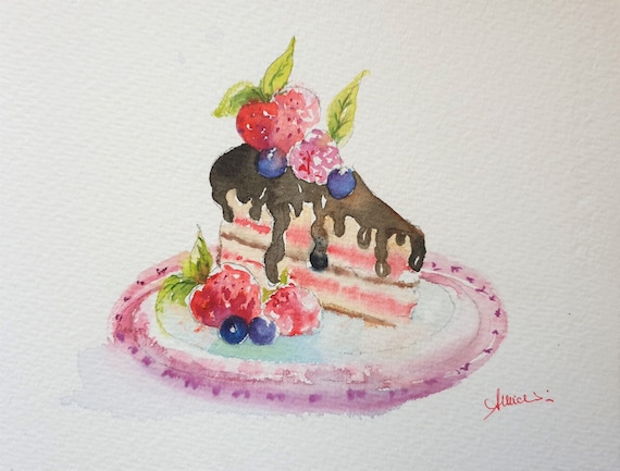CAKE Original Watercolor Little Painting Sweets Kitchen Wall | Etsy