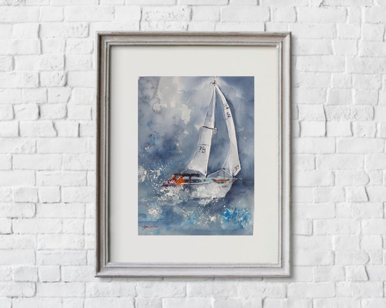 Sailboat Watercolor Painting Boat Painting Sailboat on Waves - Etsy