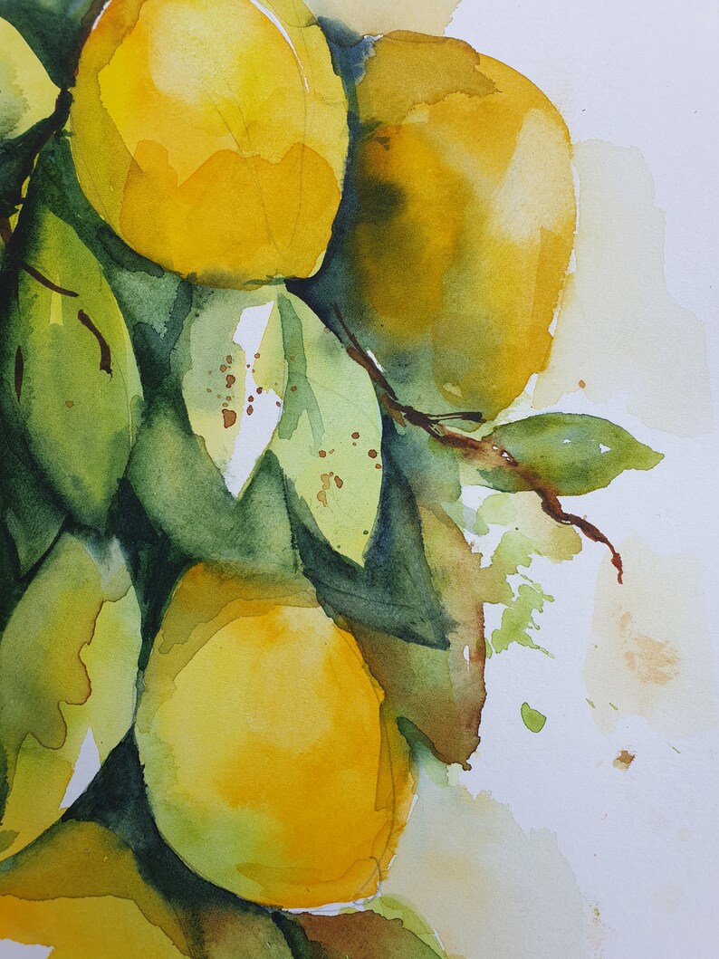 Lemons Original Watercolor, Lemon Tree Branch Painting, Lemons Kitchen ...