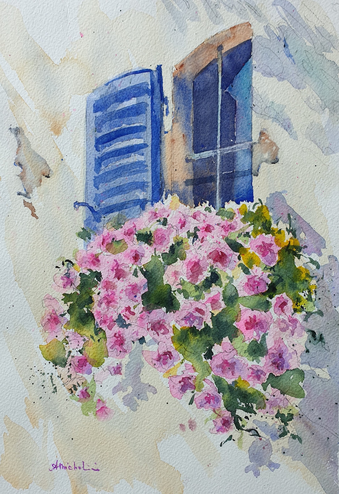 Window Box Original Watercolor Painting, Window Blossom Painting, Pink ...