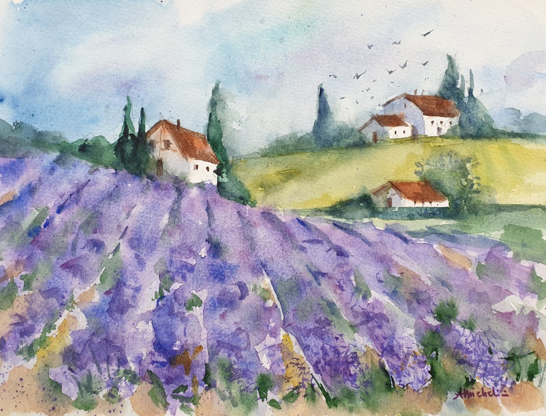 Lavender Field Original Watercolor Painting, Lavender Landscape Artwork, Provence Lavender ...