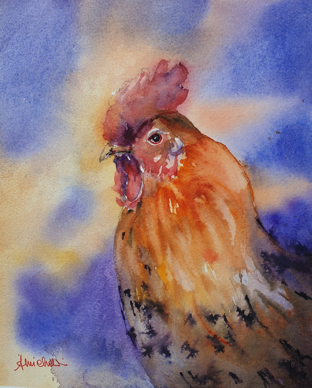 Red Rooster Watercolor Painting, Rooster Home Decor, Chickens Roosters ...