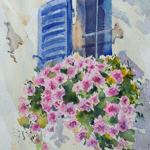 Window Box Original Watercolor Painting, Window Blossom Painting, Pink ...