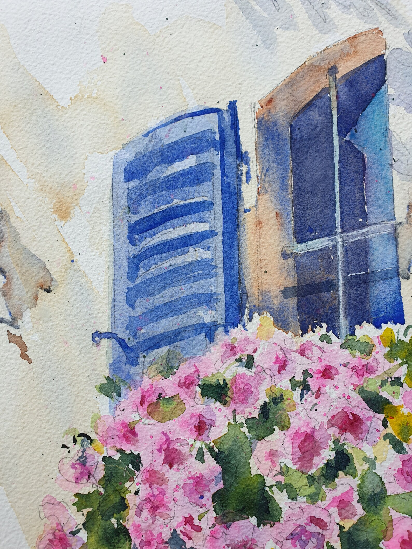 Window Box Original Watercolor Painting, Window Blossom Painting, Pink ...