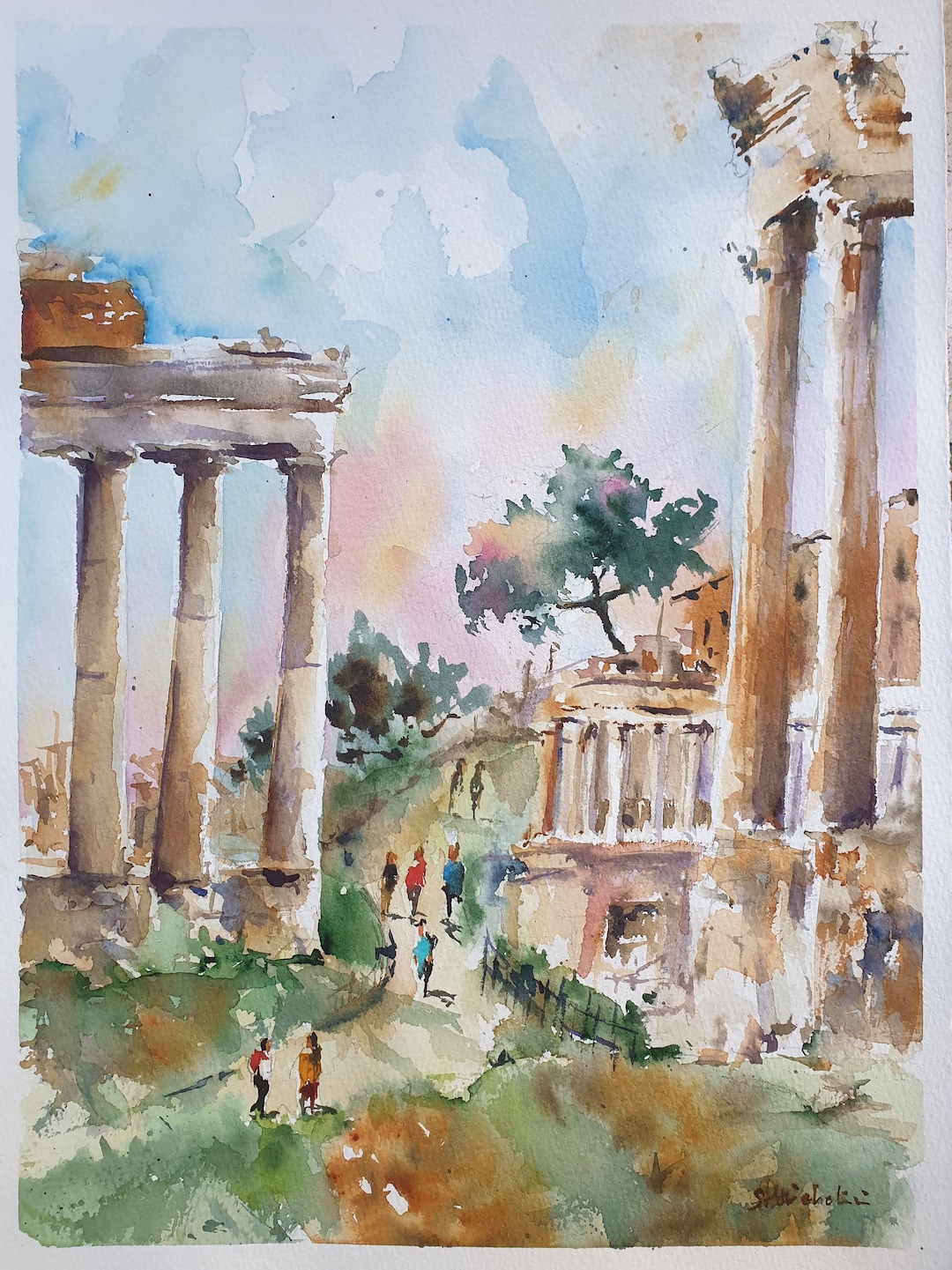 Rome Imperials Fora Original Watercolor, Rome Ruins Artwork, Trajan's ...