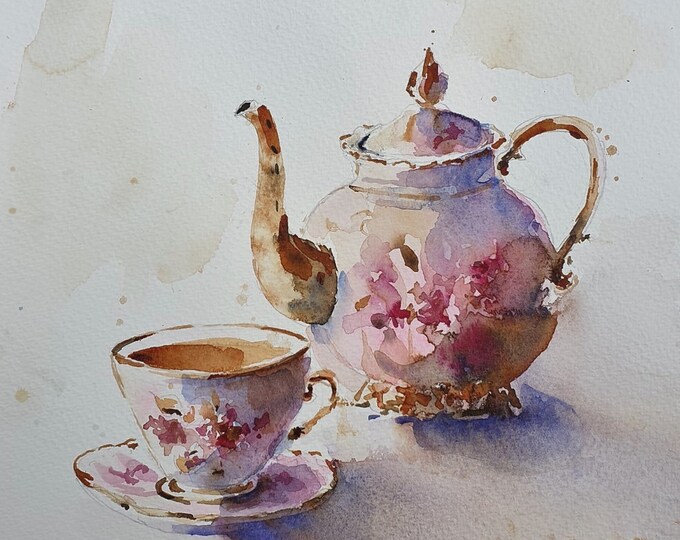 Teapot Teacup Original Watercolor, Teatime Painting, Teapot Wall Art ...