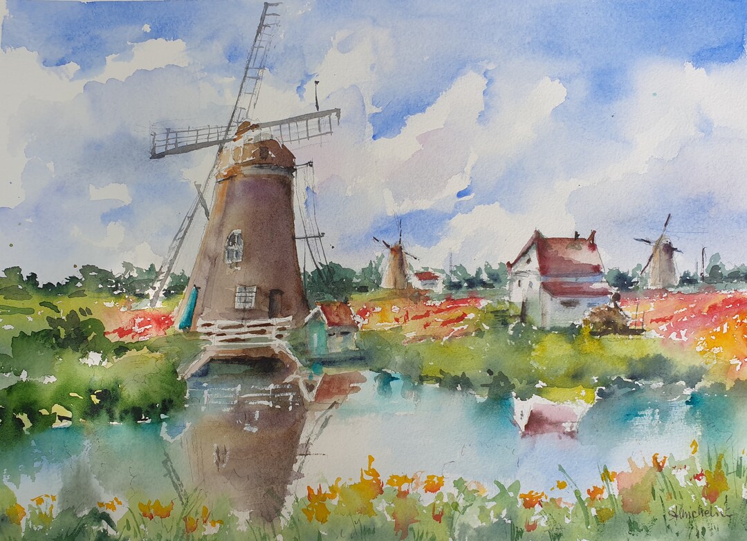 Dutch Windmill Original Watercolor Painting, Nedherlands Kinderdijk ...