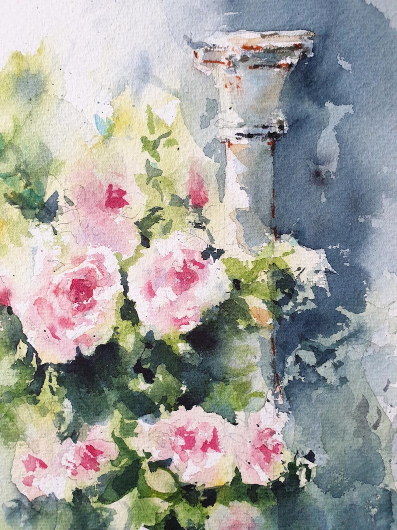 Garden Climbing Roses Original Watercolor Pink Wild Roses Painting ...
