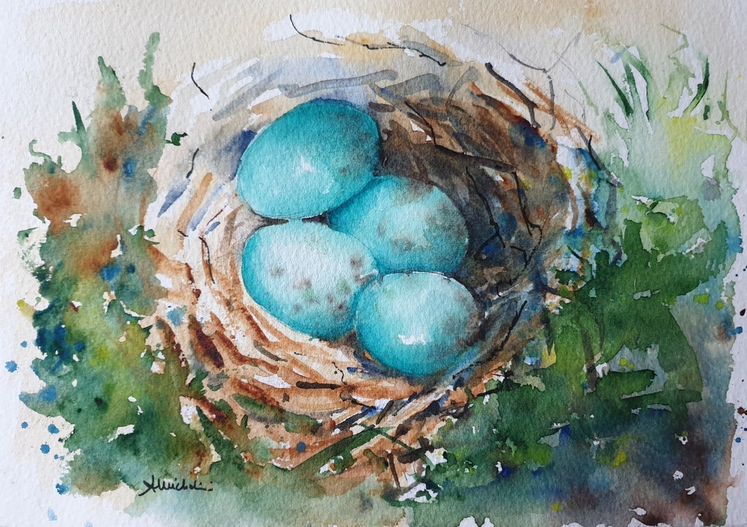 Original Watercolor Nest Nest With Eggs Painting 4 Blue Eggs - Etsy