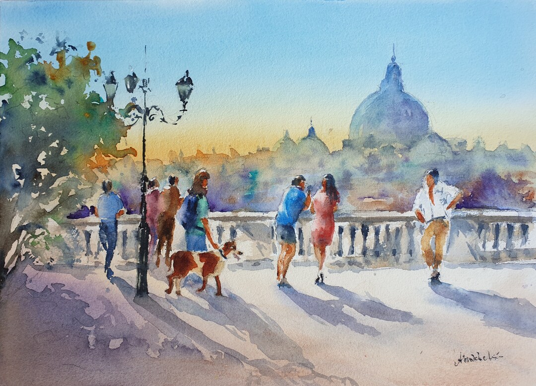 View of Rome From Pincio Original Watercolor Rome Landscape Rome Pincio ...