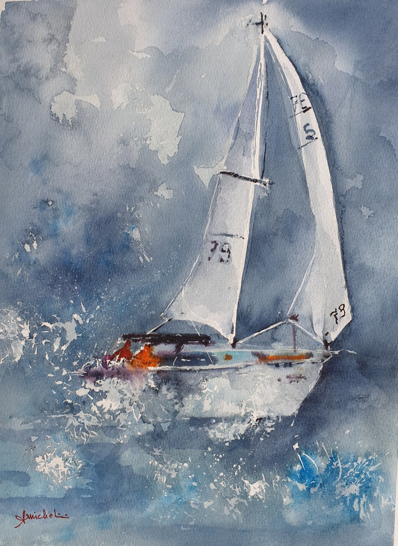 Sailboat Watercolor Painting Boat Painting Sailboat on Waves - Etsy