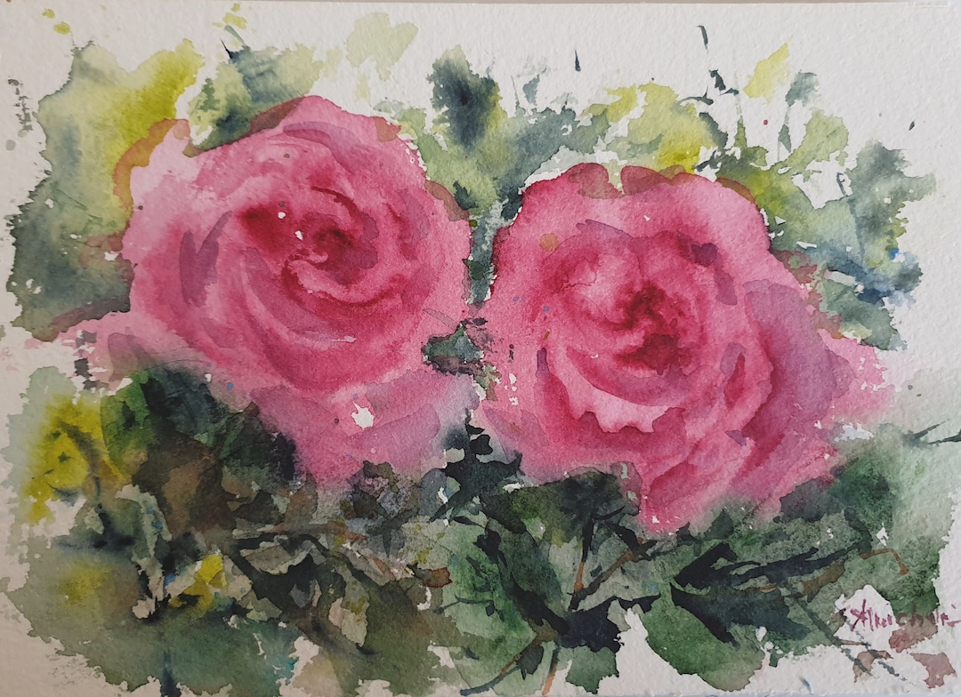Two Pink Roses Watercolor, Flowers Original Painting, Rose Wall Decor ...